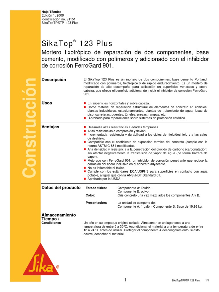 Mortero Tixotropico Modificado Sikatop 123 Plus 09 | PDF | Hormigón ...