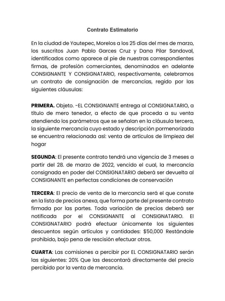 Contrato Estimatorio: Primera. Objeto. - El Consignante Entrega Al ...
