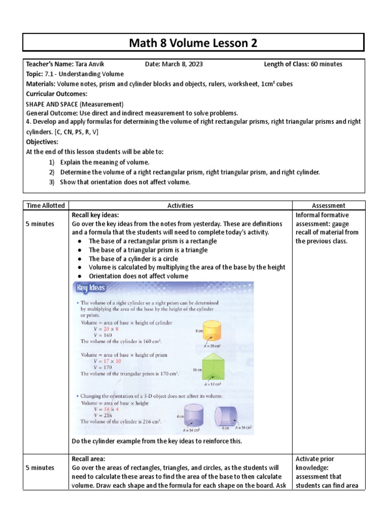 3 8 Math 8 Volume Lesson 2 | PDF | Area | Volume