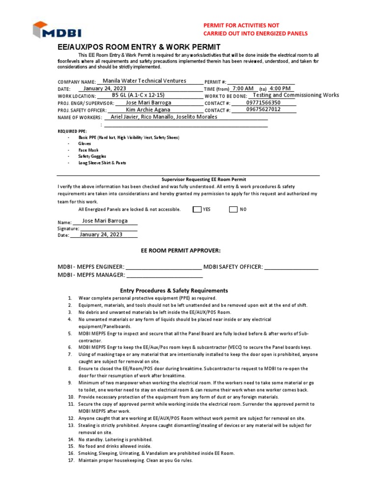 Work Permit for NOT Energized Panel Board | PDF | Personal Protective ...