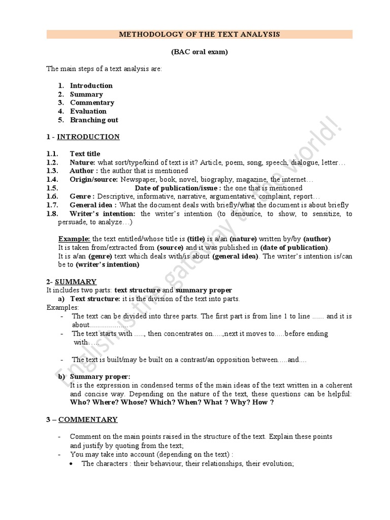 METHODOLOGY OF THE TEXT ANALYSIS in Terminale 2020 Docx-1 | PDF ...