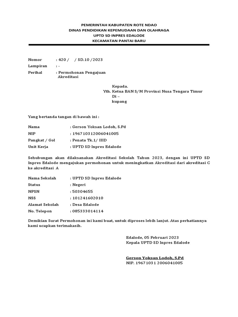 SURAT AJUAN FORMAL AKREDITASI SEKOLAH - WWW - Kherysuryawan.id | PDF