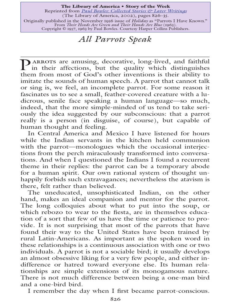 Paul Bowles-All Parrots Speak | PDF | Parrot