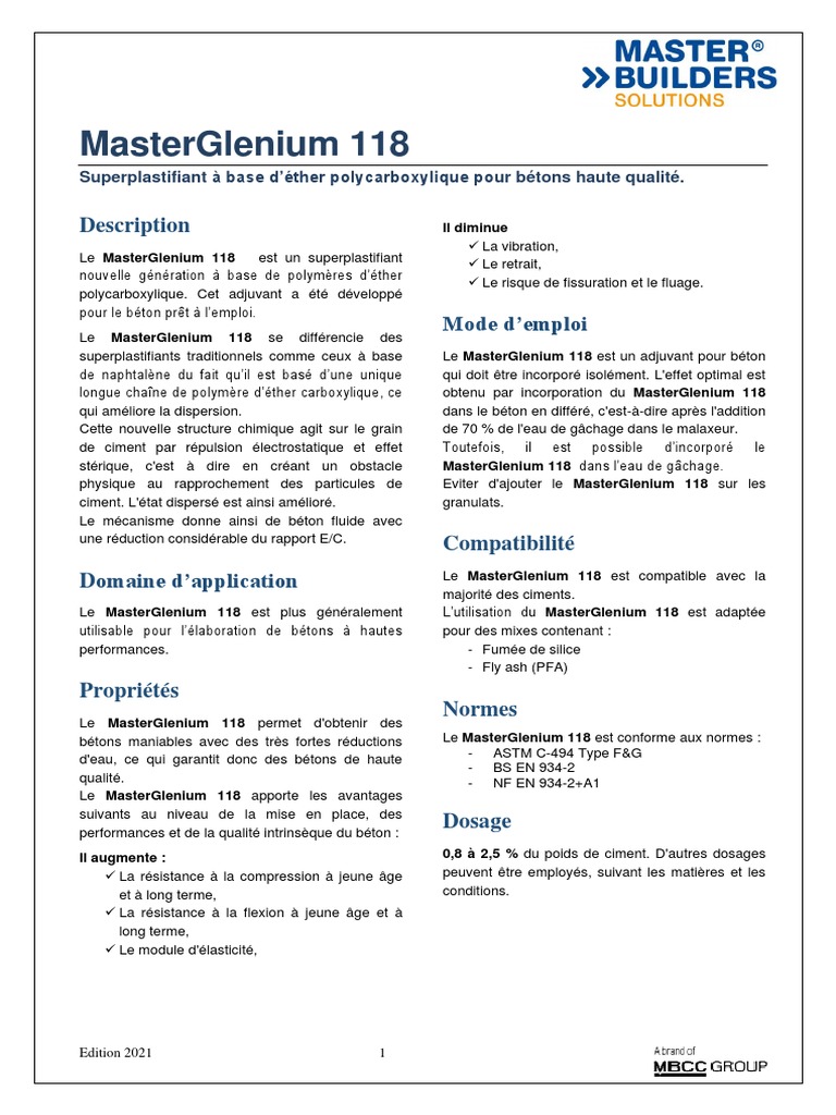Superplastifiant MasterGlenium 118 | PDF | Béton | Matériaux