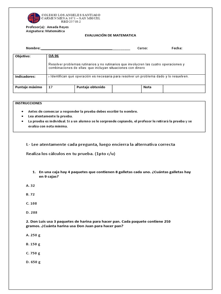 17 de Marzo - Matematica - 6°basico - Fila A | PDF