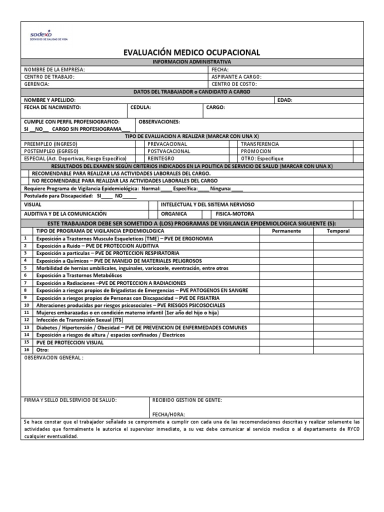 Formato de Examen Médico Ocupacional | PDF | Salud pública | Medicina