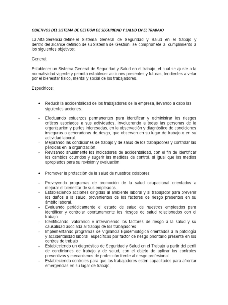 Objetivos Del Sistema de Gestión de Seguridad y Salud en El Trabajo | PDF | Seguridad y salud ...