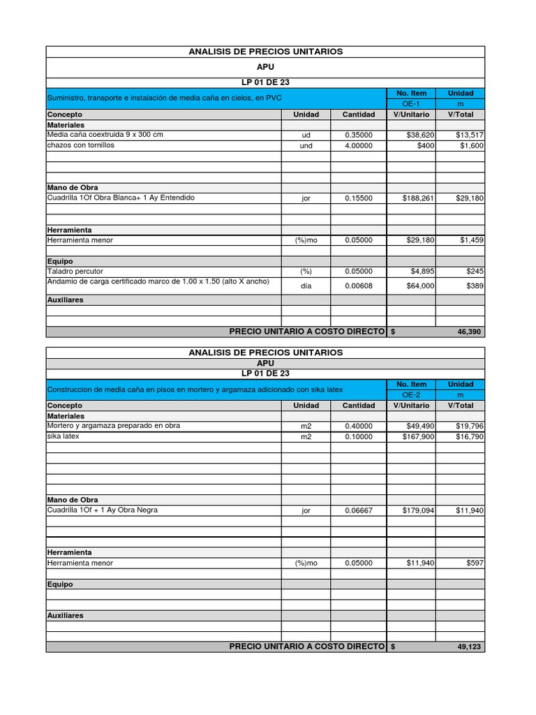 Analisis de Precios Unitarios | PDF | Hormigón | Ingeniería de Edificación