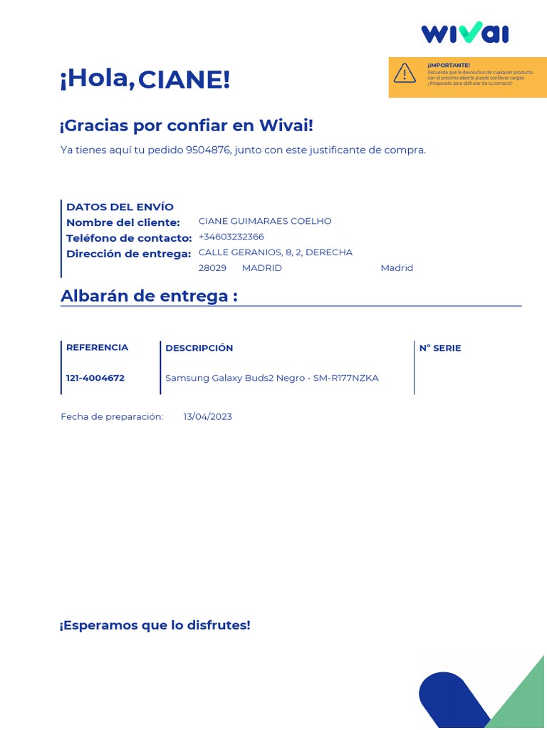 Ciane! ¡Hola,: ¡Gracias Por Confiar en Wivai! | PDF