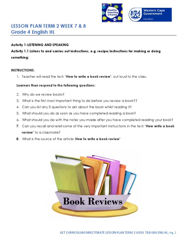 Lesson Plan Gr4 English HL T2 W7&8 | PDF | English Language | Reading ...