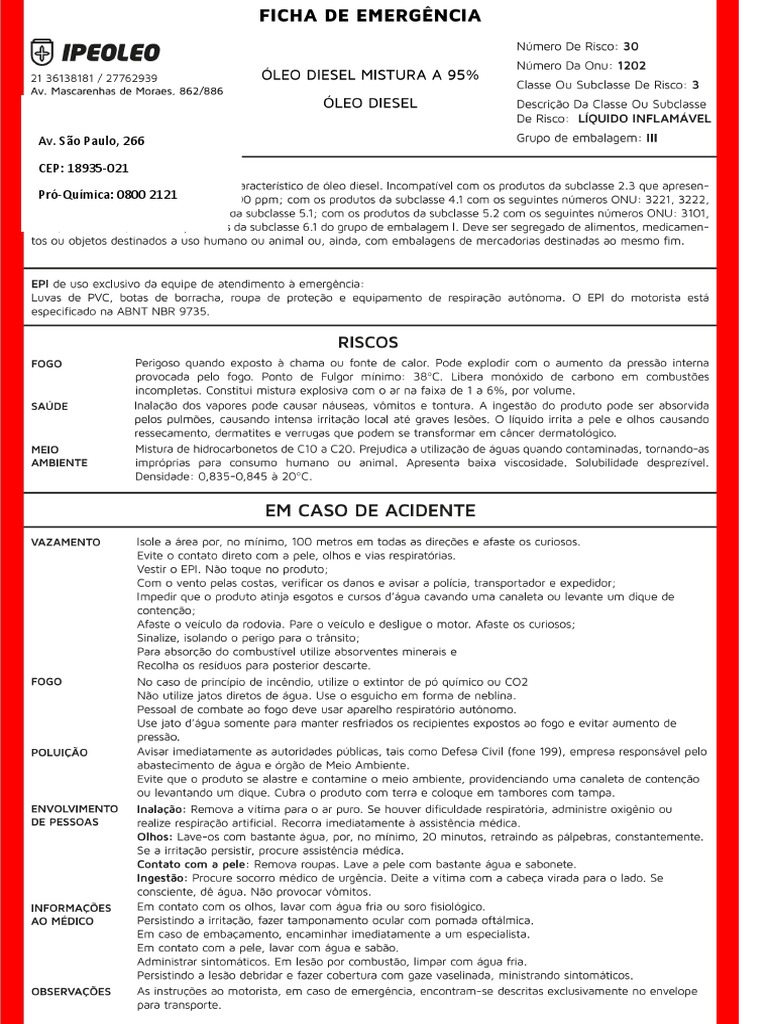 Ficha de Emergencia - Oleo Diesel | PDF
