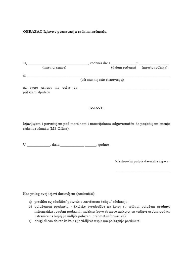OBRAZAC Izjava o Poznavanju Rada Na Racunalu | PDF