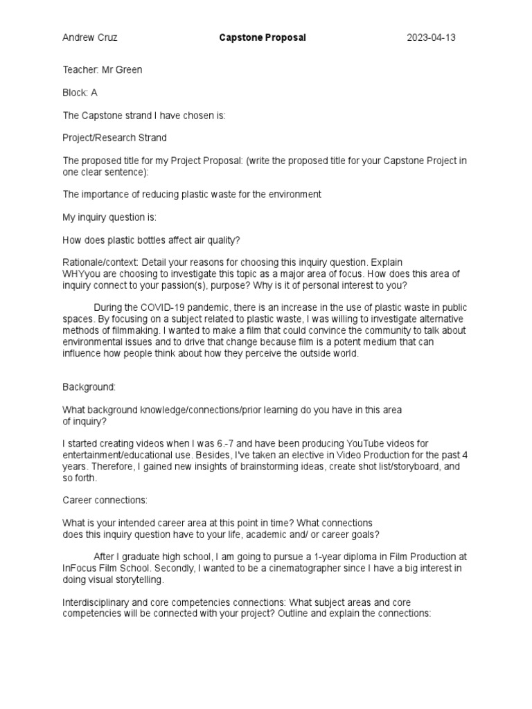 Capstone Proposal - Good Copy 1 | PDF | Plastic | Inquiry