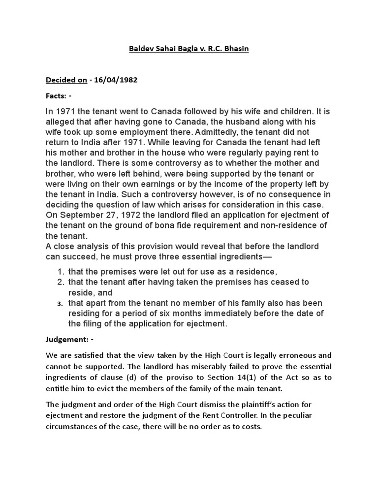 Baldev Sahai Bagla v. R.C. Bhasin | PDF