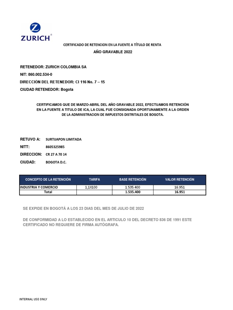 Certificado de retención en la fuente a título de impuesto de industria ...