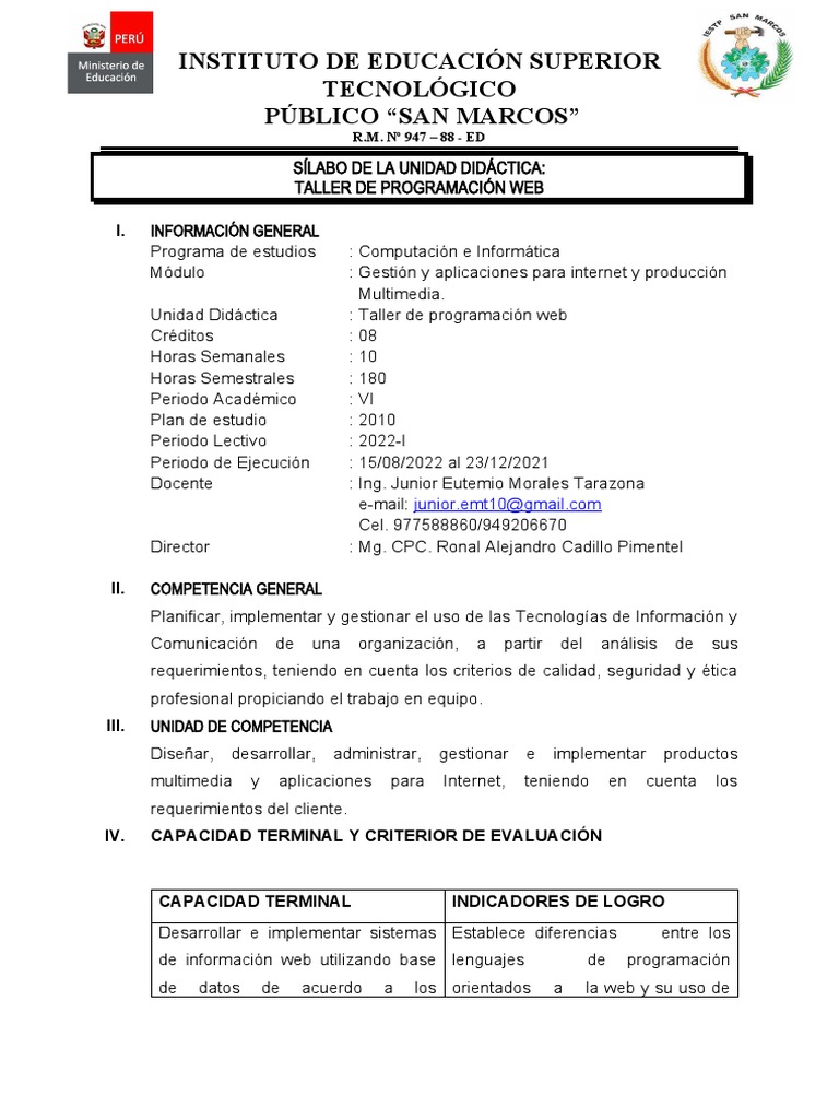 Silabo de Taller de Programación Web | PDF | Php | Lenguaje de programación