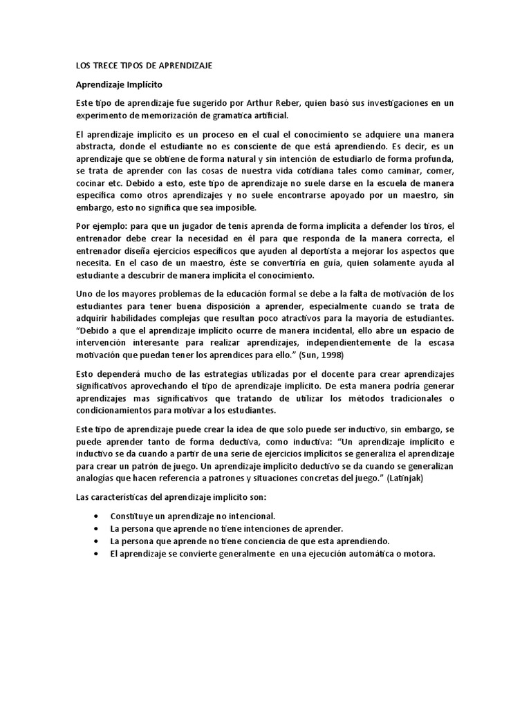 Tipos de Aprendizaje: Implícito y Explícito | PDF | Aprendizaje ...