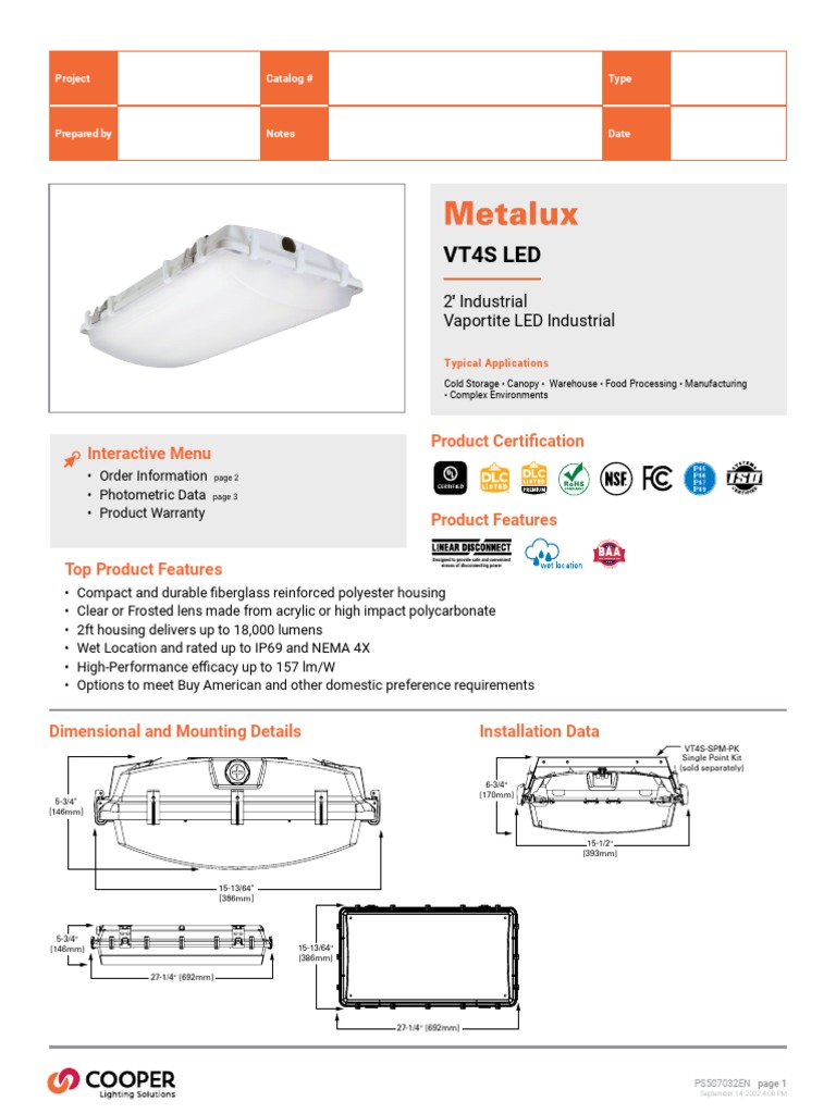 Metalux vt4s Led Vaportite Specsheet | PDF | Equipment | Building ...