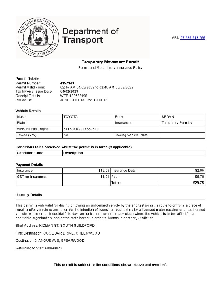 Temporary Movement Permit | PDF | Insurance | Negligence