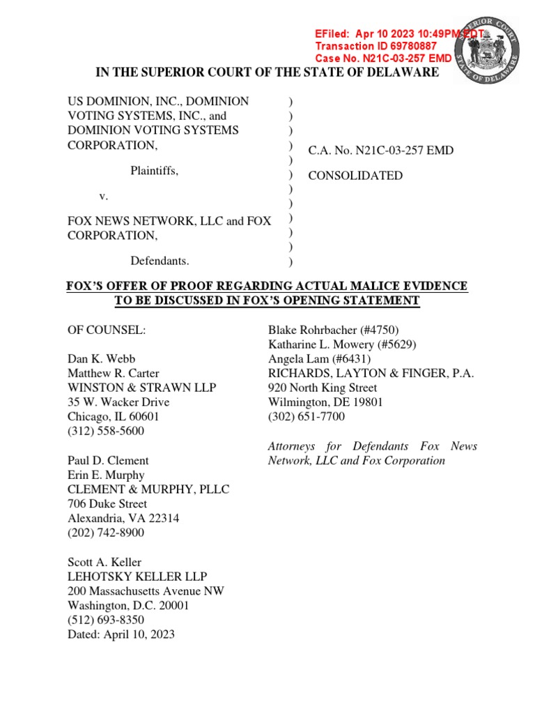 Fox's Offer of Proof Regarding Actual Malice Evidence in Opening ...