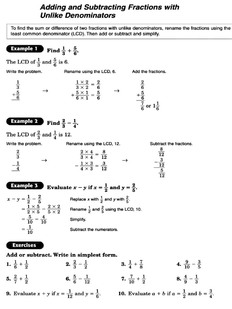Adding and Subtracting Fractions With Unlike Denominators Worksheet ...