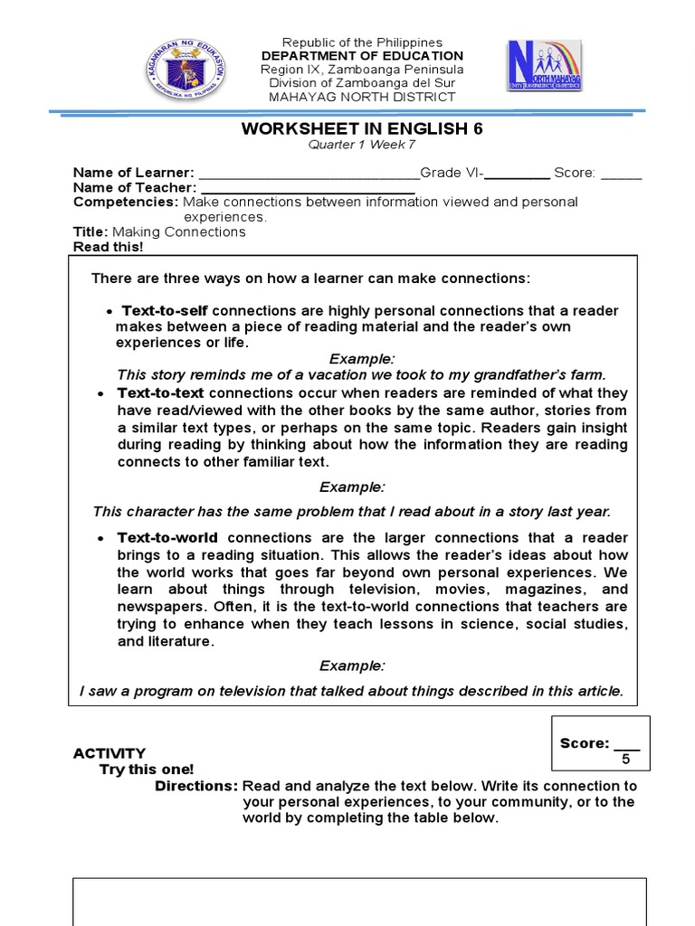 ENGLISH WORKSHEET Grade 6 WEEK 7 | Download Free PDF | Experience