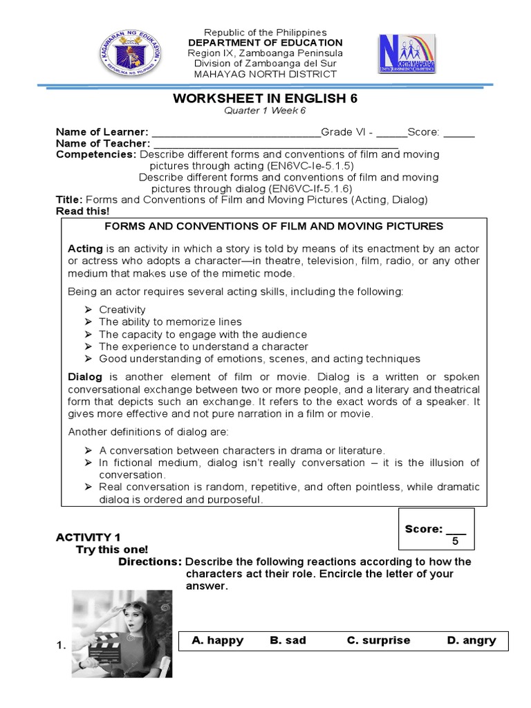 ENGLISH WORKSHEET Grade 6 WEEK 6 | PDF | Acting