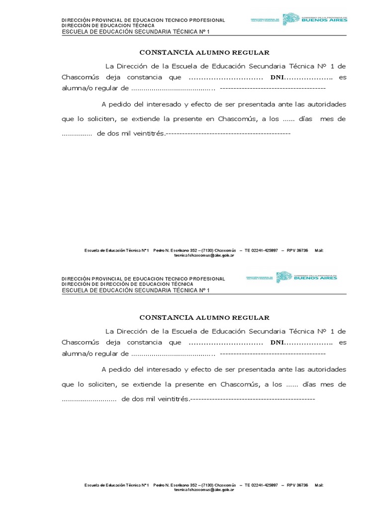 Constancia: Escuela de Educación Secundaria Técnica #1 | PDF