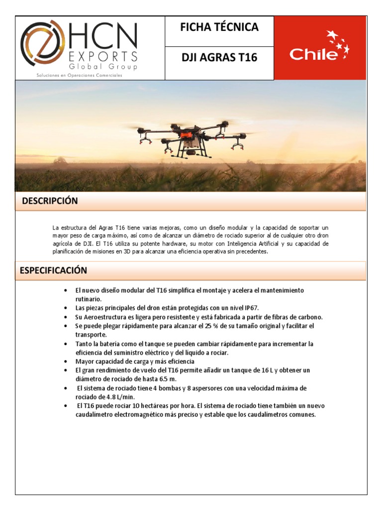 Ficha Técnica DJI Agras T16 | PDF | Vehículo aéreo no tripulado | Tanques