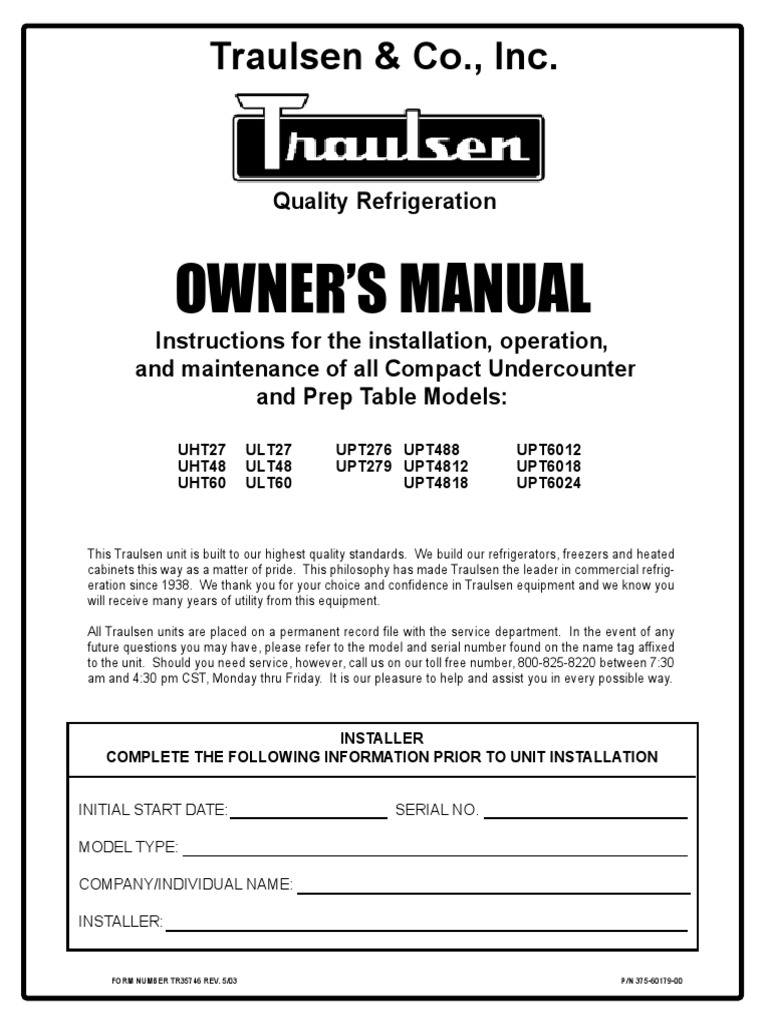 Owner'S Manual: Traulsen & Co., Inc | PDF | Refrigerator | Screw