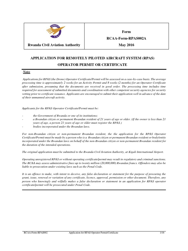 RCAA-Form-RPAS002A - Application For RPAS Operator Permit or Certificate | PDF | Unmanned Aerial ...