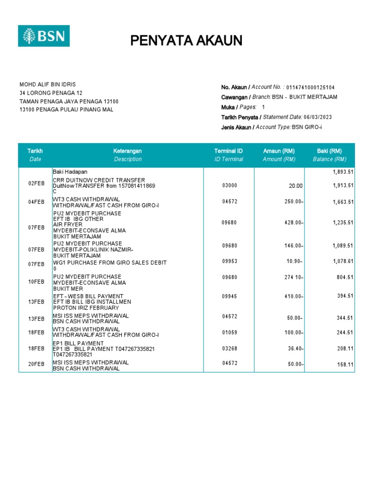 Penyata Akaun: Tarikh Date Keterangan Description Terminal ID ID Terminal Amaun (RM) Amount (RM ...