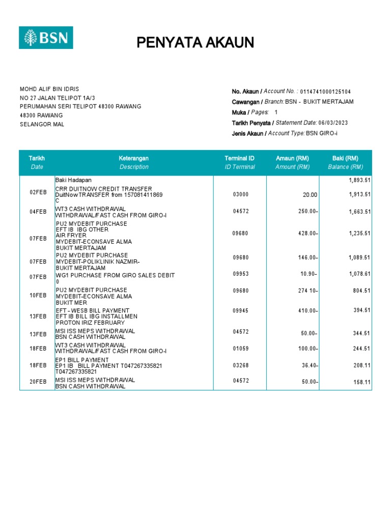 Penyata Akaun: Tarikh Date Keterangan Description Terminal ID ID Terminal Amaun (RM) Amount (RM ...