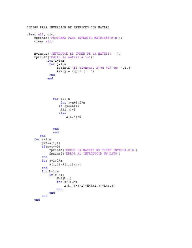 Inversión de Matrices en MATLAB | PDF