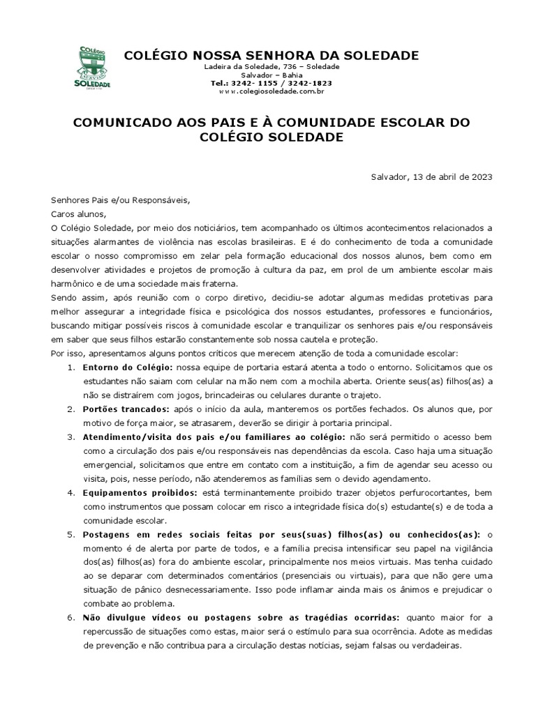 Comunicado - Comunicado Aos Pais e Alunos - Segurança Escolar | PDF ...