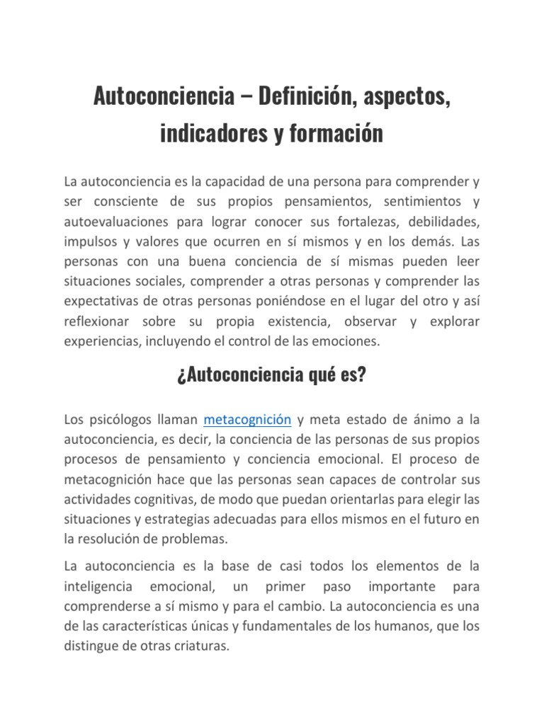 Autoconciencia - Definición, Aspectos, Indicadores y Formación | PDF ...