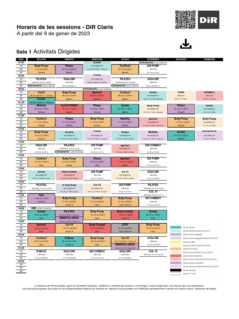 Horaris Activitats Dirigides Dir Claris | PDF