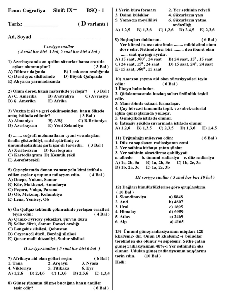 FƏNN: Coğrafiya Sinif: IX BSQ - 1: I Səviyyə Suallar (4 Sual HƏR Biri 3 Bal, 2 Sual HƏR Biri 4 ...