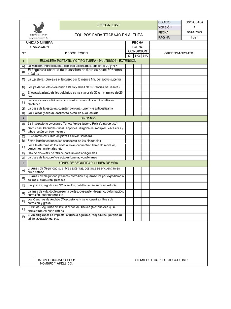 Sso-Cl-004 Check List Trabajo en Altura | PDF Sso-Cl-004 Check List Trabajo en Altura | PDF