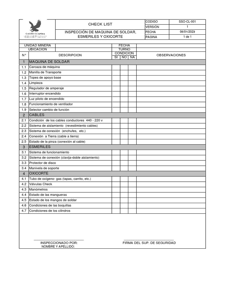 Sso-Cl-001 Check List Maquinas y Herrmientas de Soldeo | PDF Sso-Cl-001 Check List Maquinas y Herrmientas de Soldeo | PDF