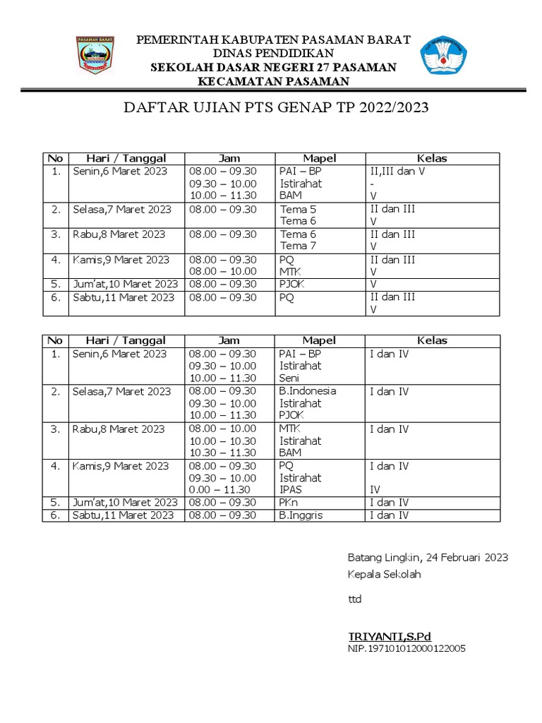 Jadwal PTS DAN US 2022-2023 | PDF