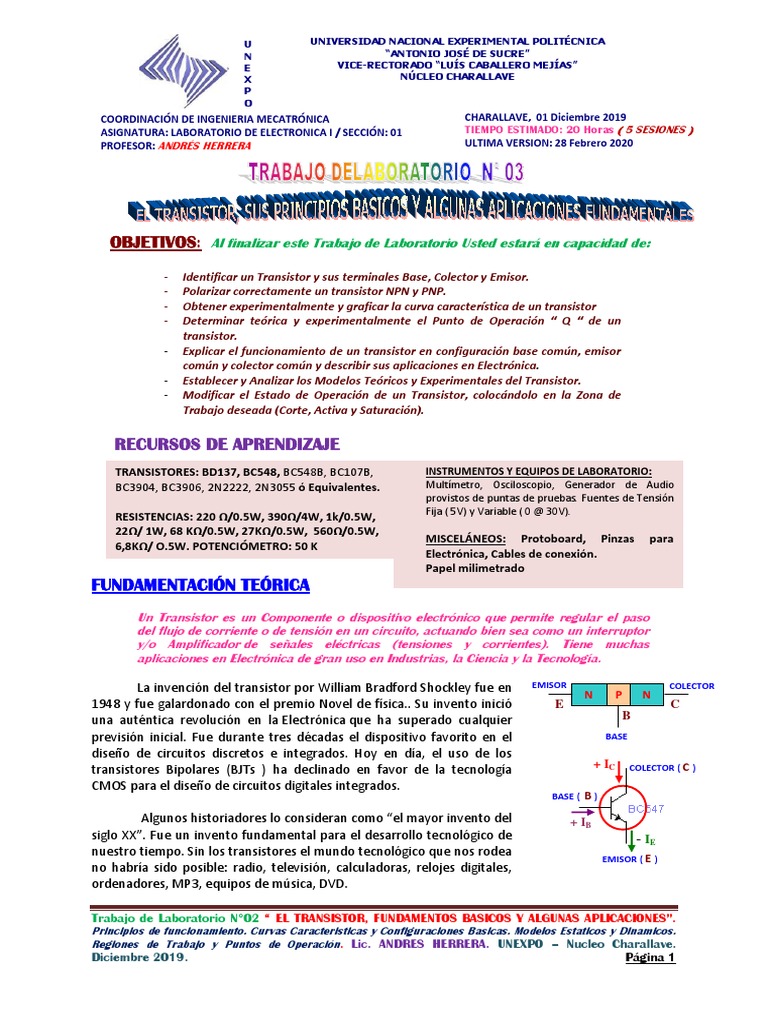 TRABAJO DE LABORATORIO ° 06 - EL TRANSISTOR, SUS PRINCIPIOS Y ALGUNAS APLICACIONES FUNDAMENTALES ...
