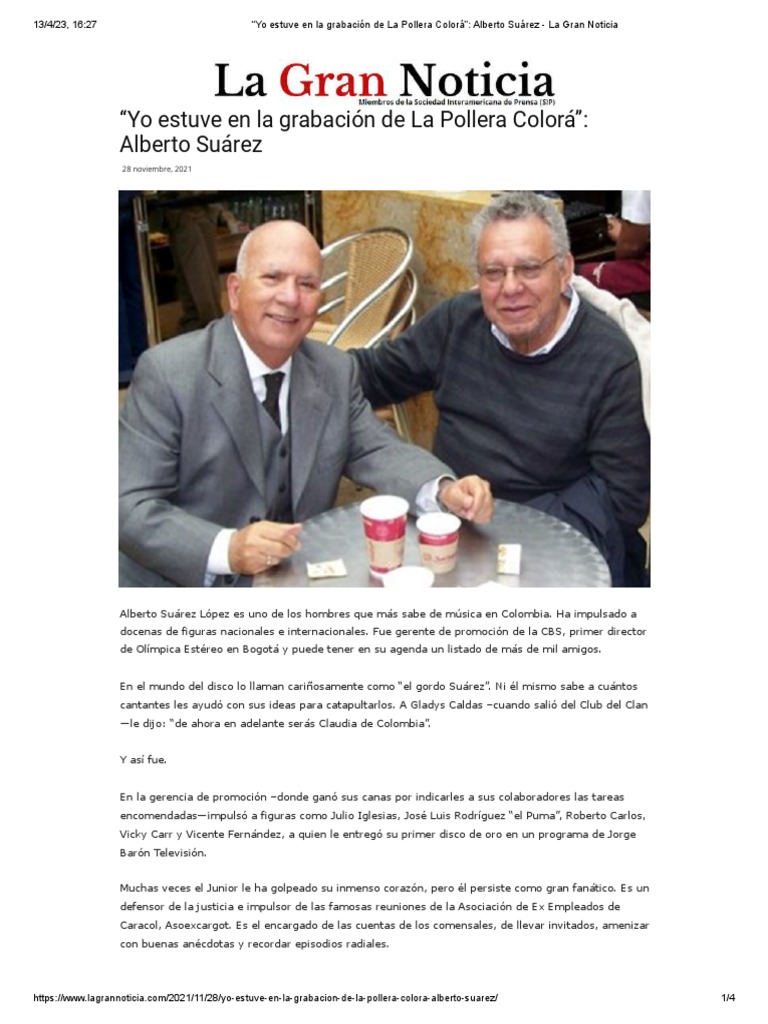 "Yo Estuve en La Grabación de La Pollera Colorá" - Alberto Suárez - La Gran Noticia | PDF