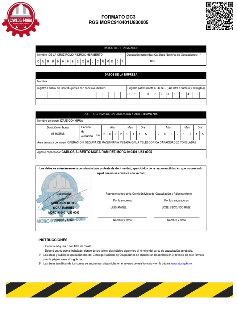 FORMATO DC3 Carlos MORA QR ALVARADO (Recuperado automáticamente) 009 | PDF