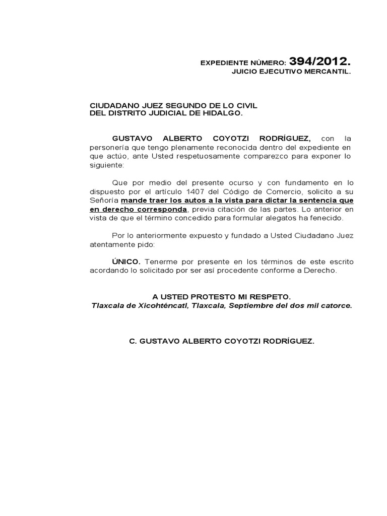 Escrito Solicitando Se Dicte Sentencia Juicio Ejecutivo Mercantil Gvo ...