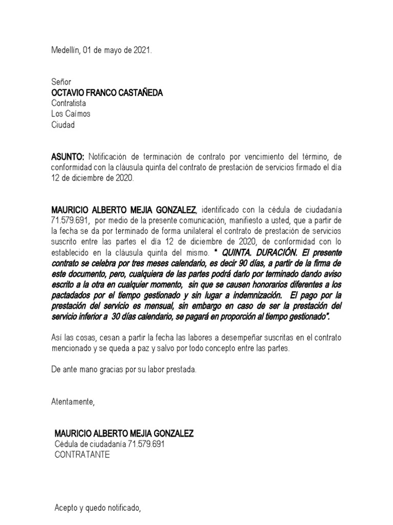 Notificación de terminación unilateral de contrato de prestación de ...