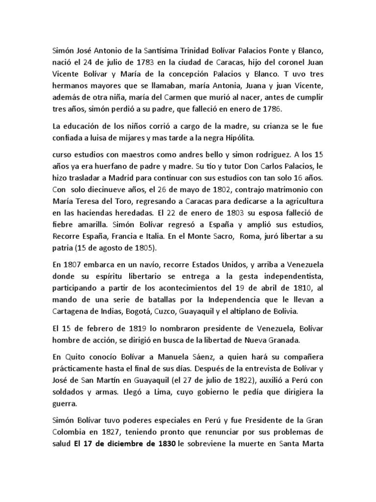 Biografia de Simon Bolivar | PDF