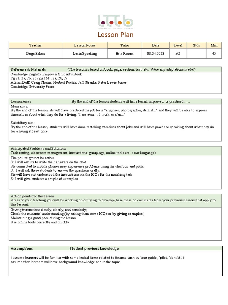 Celta Tp1 Lesson Plan 1 Pdf Learning Second Language