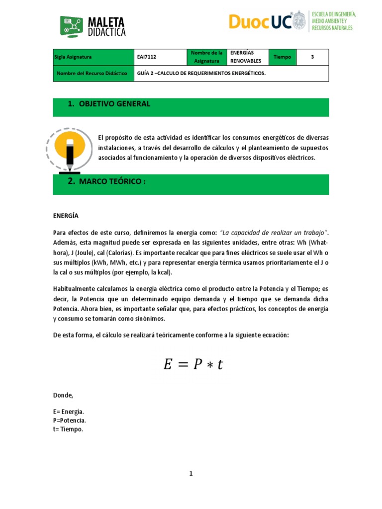 Guía 2 - Cálculo de Requerimientos Energéticos | PDF | Energia electrica | Caloría