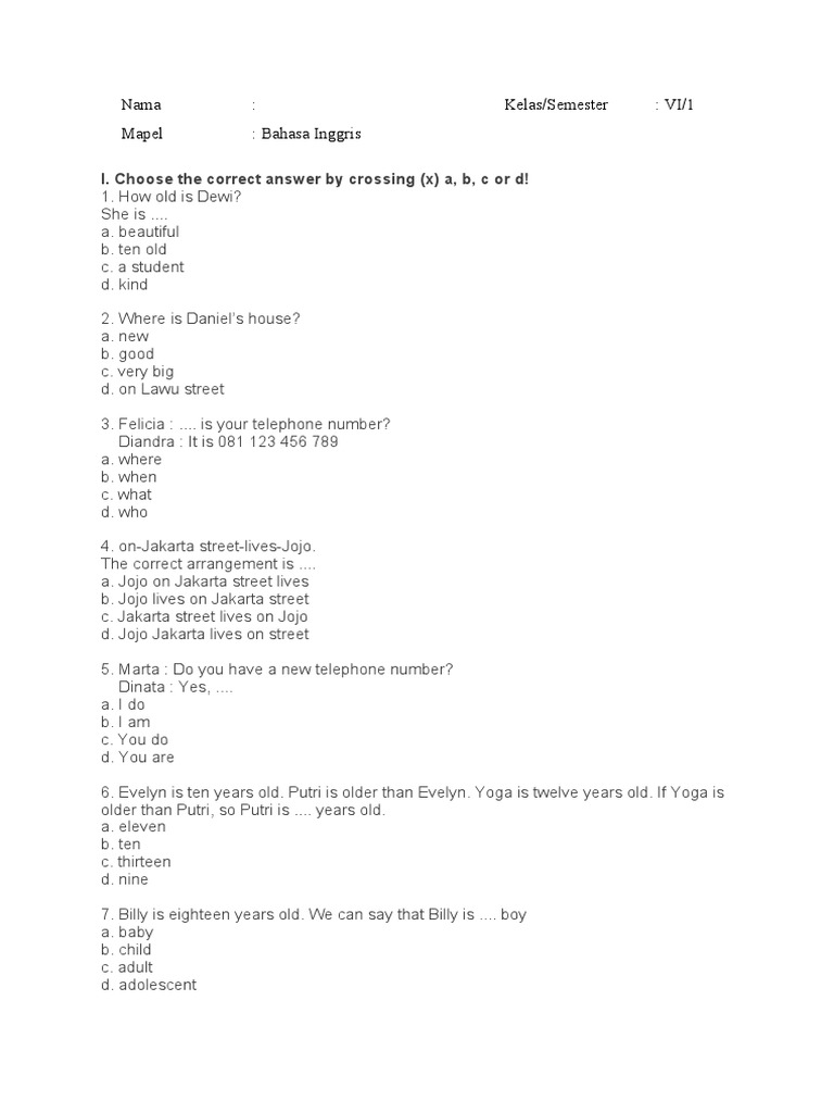 Soal Uts Bahasa Inggris Kelas 4 Semester 2 PDF